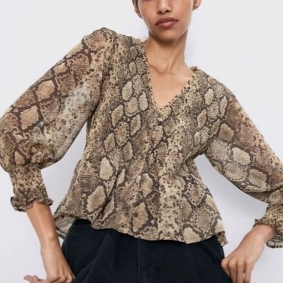 Zara | Tops | Zara The Veronica Snake Print Smocked Vneck Peplum Button ...